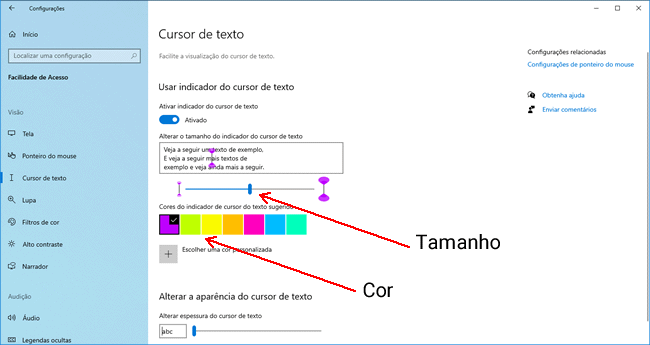 Como ativar o indicador de cursor de texto no Windows 10